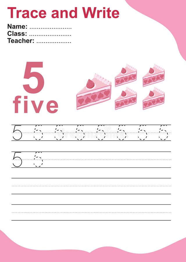 Number Five Tracing Practice Worksheet with Five Kawaii Unicorn Playing ...