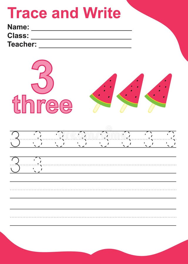 Number Three Tracing Practice Worksheet with Three Popsicle Ice Cream ...