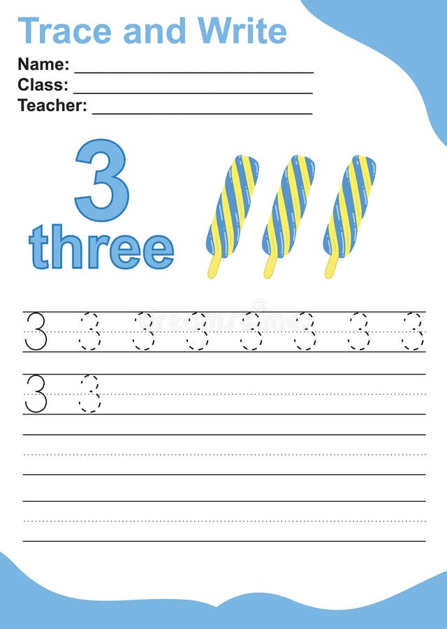 Number Three Tracing Practice Worksheet with Three Popsicle Ice Cream ...