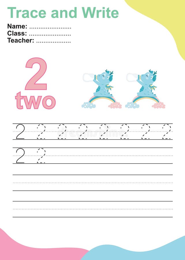 Number Two Tracing Practice Worksheet with Two Baby Dragons Drinking ...