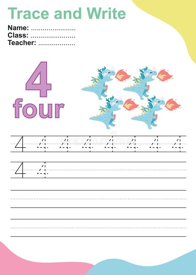 Number Four Tracing Practice Worksheet with Four Baby Dragons Eating ...