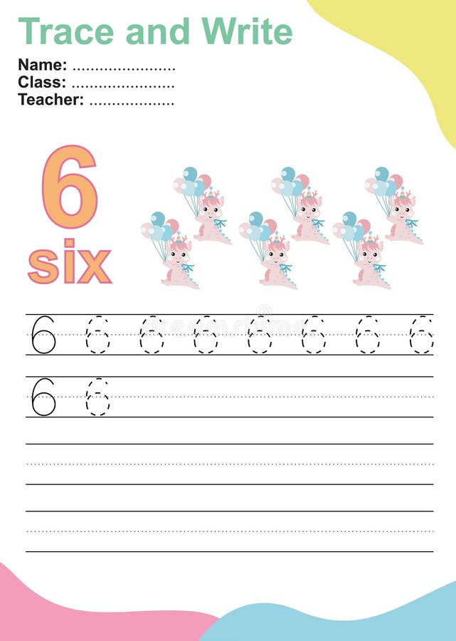 Number Six Tracing Practice Worksheet with Six Baby Dragons Holding ...