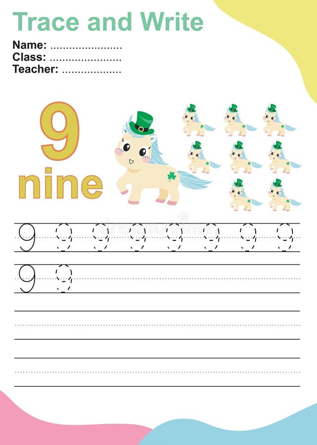 Number Nine Tracing Practice Worksheet with Nine Unicorns Celebrating ...