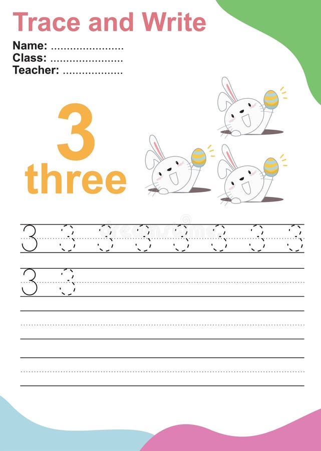 Number Three Tracing Practice Worksheet with 3 Rabbits Happy Finding ...