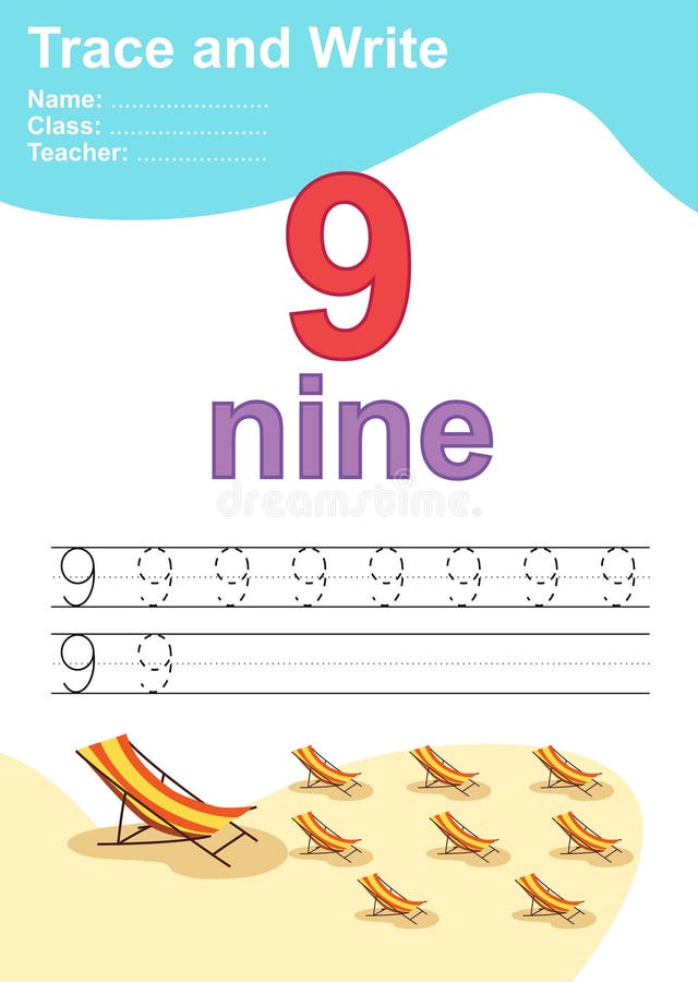 Trace Number Nine Worksheet for Kindergarten and Preschool Kids Stock ...