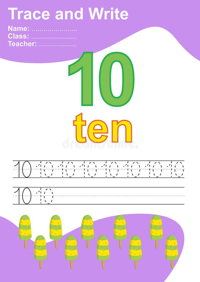 Trace Number 10 Worksheet for Kindergarten and Preschool Kids Stock ...
