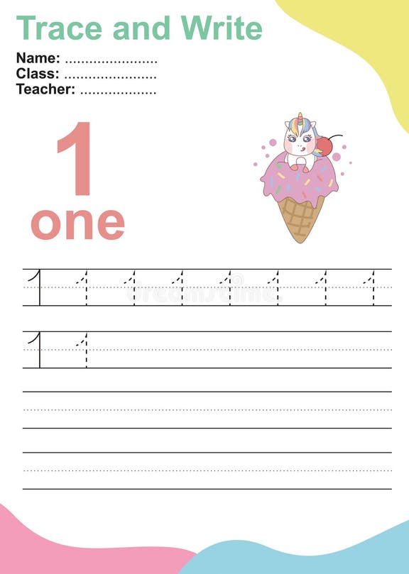 Number One Tracing Practice Worksheet with One Kawaii Unicorn Character ...
