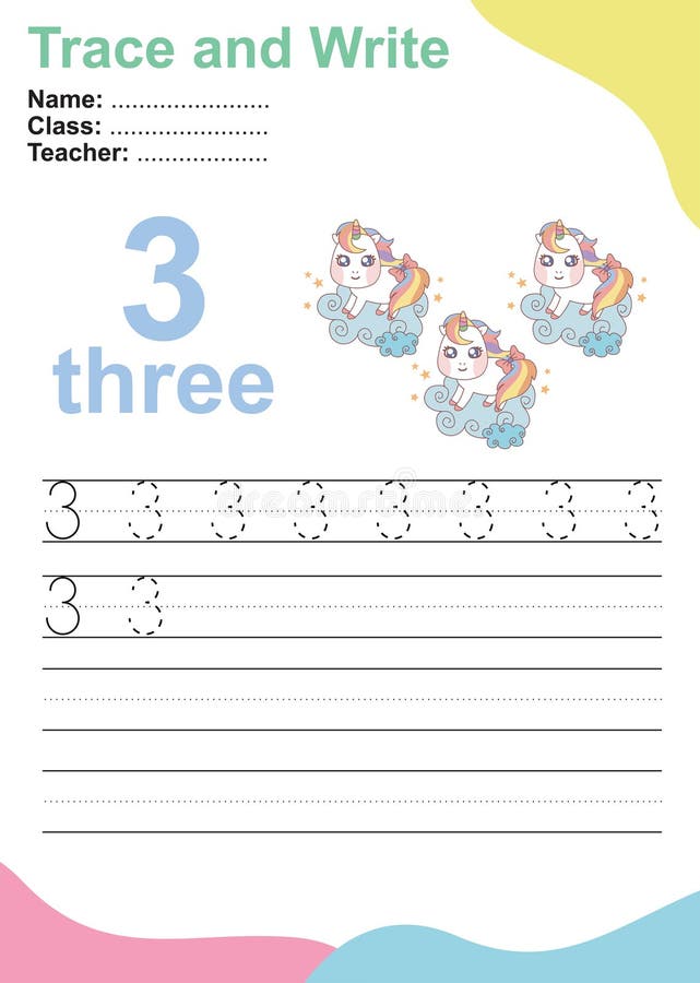 Number Three Tracing Practice Worksheet with Three Popsicle Ice Cream ...