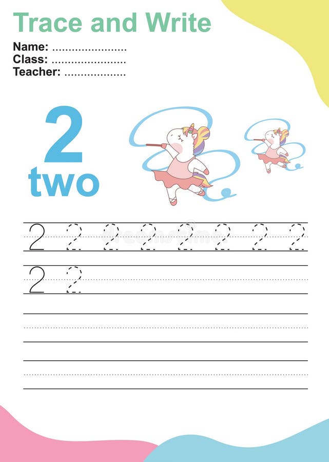 Number Two Tracing Practice Worksheet with Two Kawaii Unicorn Character ...