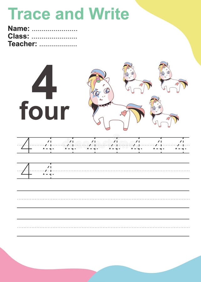 Number Four Tracing Practice Worksheet with Four Kawaii Unicorn ...