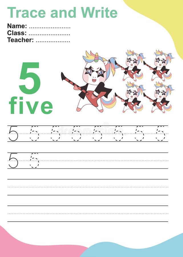 Number Five Tracing Practice Worksheet with Five Kawaii Unicorn Playing ...
