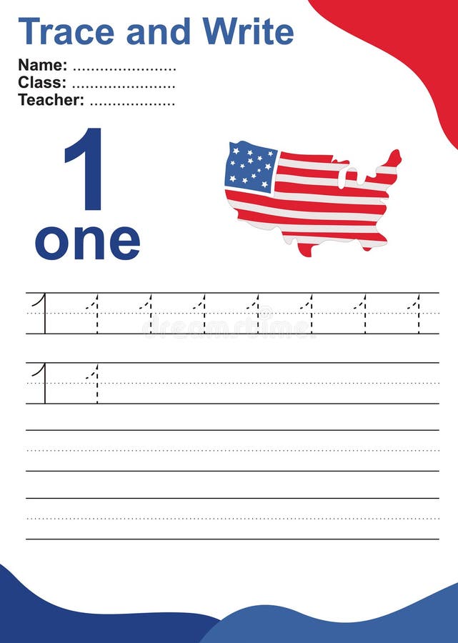 Number One Tracing Practice Worksheet with 1 USA Map for Kids Learning ...