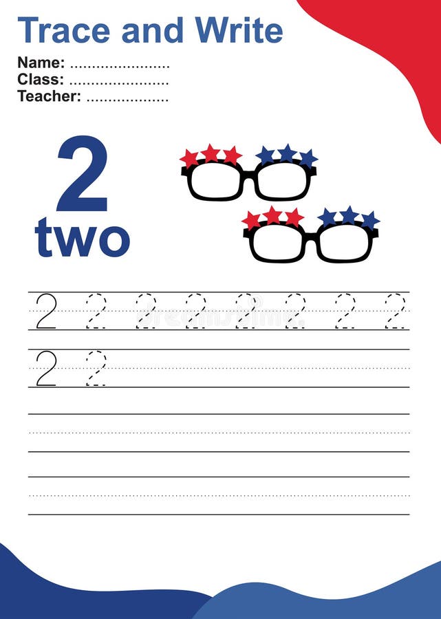 Number Two Tracing Practice Worksheet with 2 Glasses for Kids Learning ...