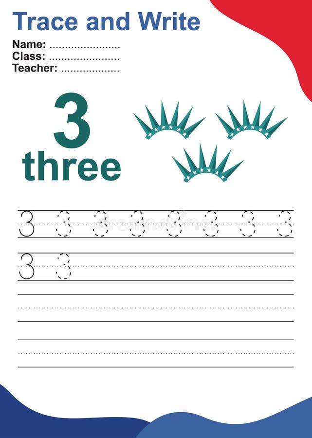 Number Three Tracing Practice Worksheet with Three Liberty Crowns for ...