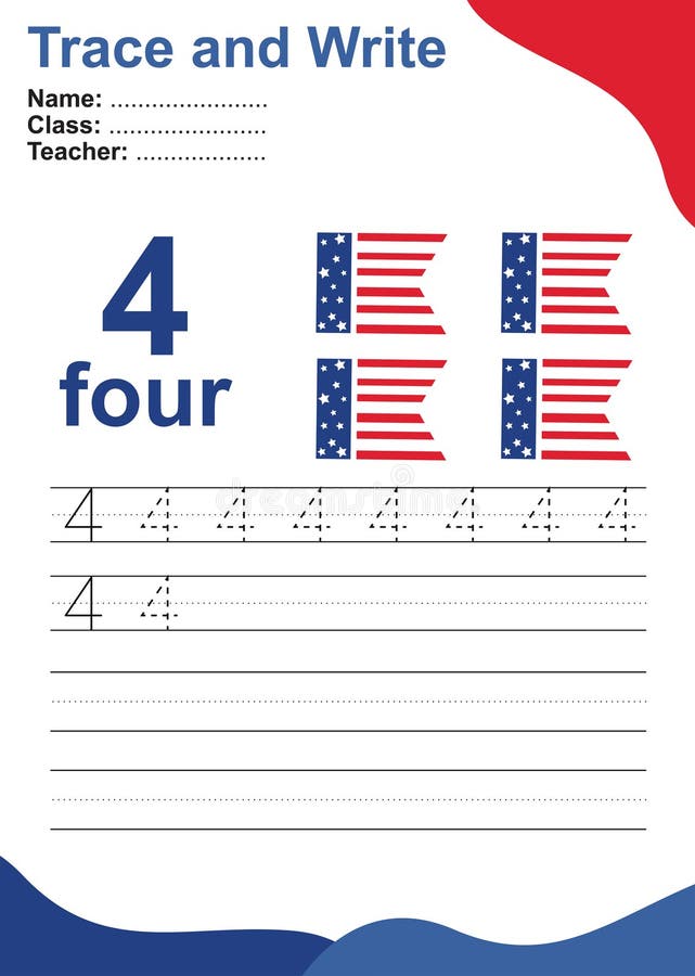 Number Four Tracing Practice Worksheet with 4 American Flags for Kids ...