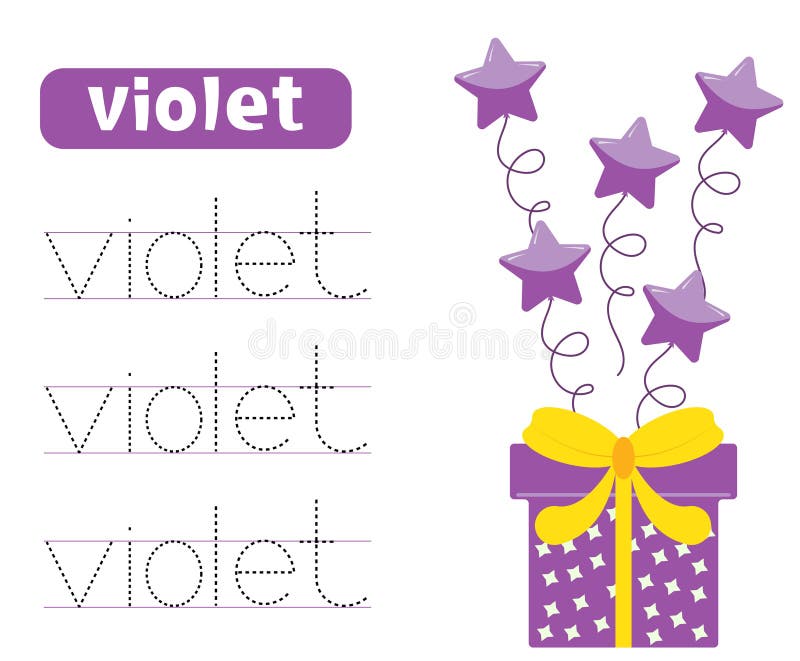 Trace and Write Word Violet. Learning Colors with Gift Box and Balloons ...