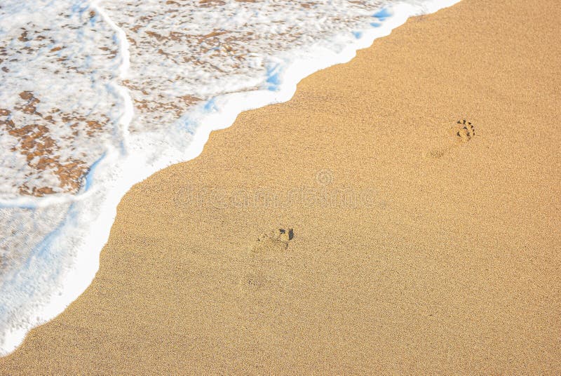Traces of Bare Human Feet on the Sand. Sea Waves with White Foam Run ...