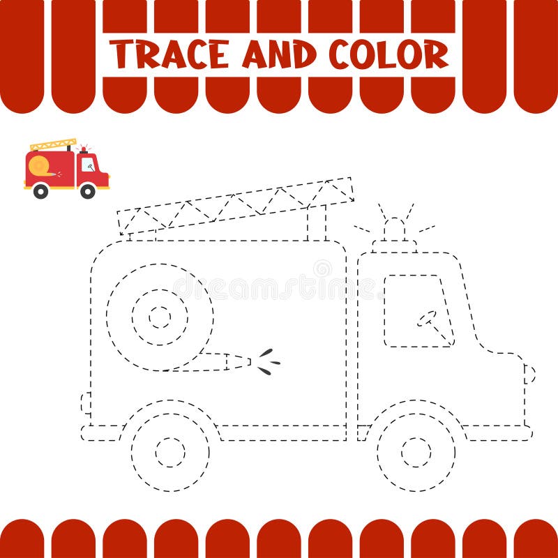 Tracing Educational Worksheet for Kids. Trace Fire Engine Car Stock ...