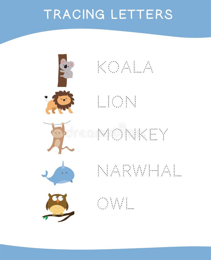 Tracing Letters. Tracing Names of Animal Names Worksheet Stock Vector ...