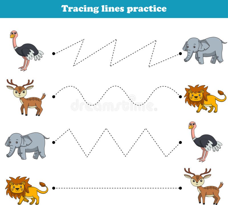 Tracing Lines Ostrich Deer Elephant Lion. Educational Games. Worksheet ...