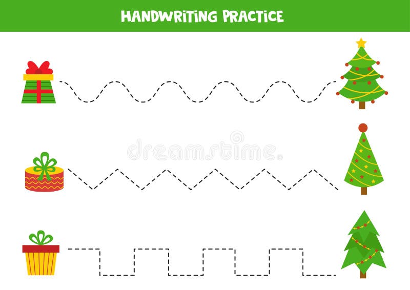 Handwriting Practice with Cartoon Fir Trees and Present Boxes. Stock ...