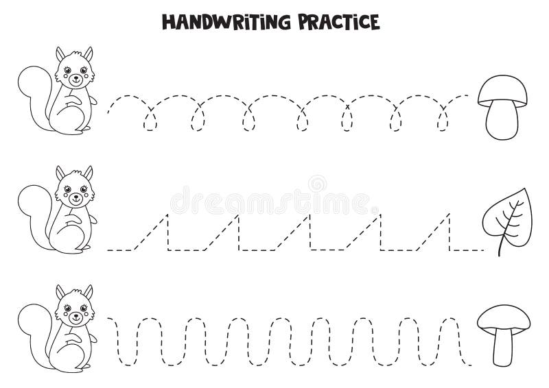 Tracing Lines with Cute Black and White Squirrel. Writing Practice ...