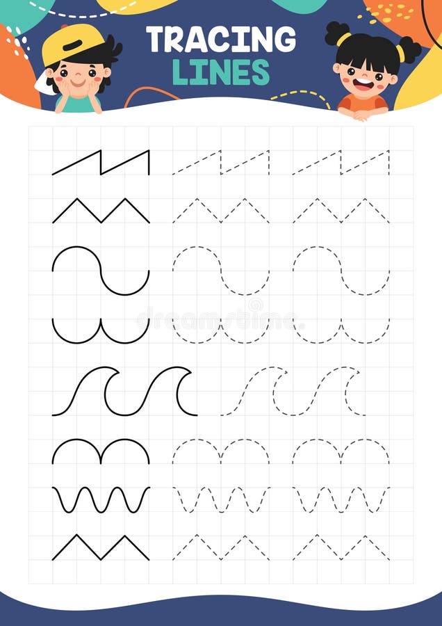 Tracing Lines Exercise Worksheet for Kids Stock Illustration ...