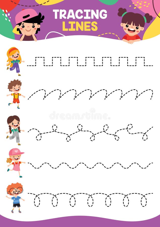 Tracing Lines Exercise Worksheet for Kids Stock Illustration ...