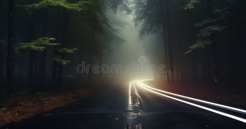 Tracing the Luminescent Path of Car Lights through a Foggy Forest Stock ...
