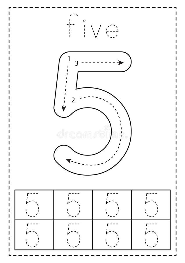 Tracing Number Five. Preschool Worksheet. Black and White. Stock Vector ...
