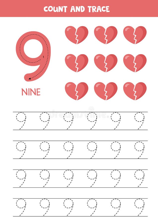 Tracing Number Nine. Preschool Worksheet with Broken Hearts. Stock ... Tracing Number Nine. Preschool Worksheet with Broken Hearts. Stock ...