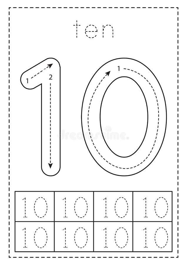 Tracing Number Ten. Preschool Worksheet. Black and White. Stock Vector ...