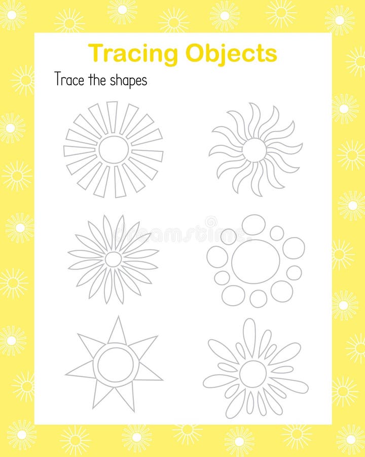 Tracing Sun Linear Images Handwriting Practice Vector Illustration ...