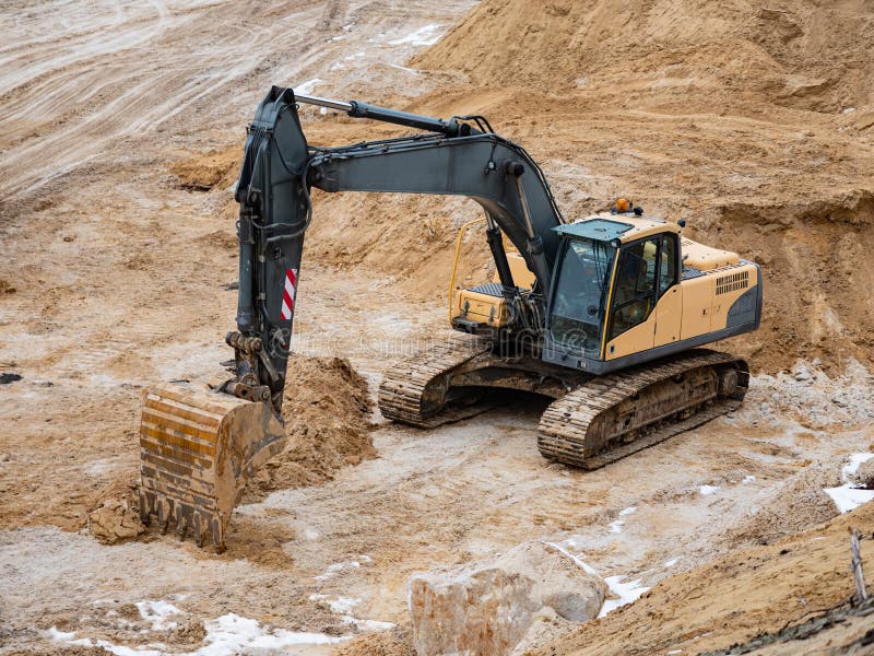 Track Type Loader Excavator in Large Sand Quarry. Excavator Loader ...