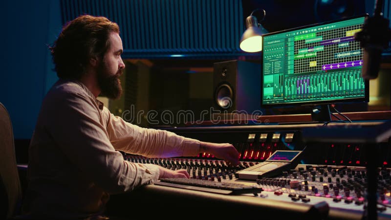 Tracking Engineer Editing Music by Adding Sound Effects in Control Room ...
