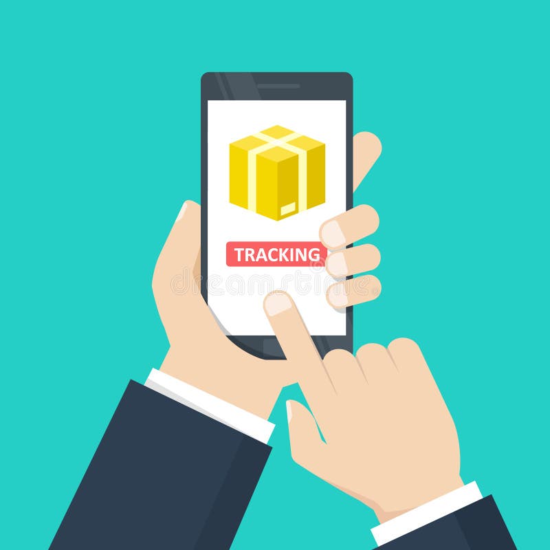 Tracking. Hand Holding Smartphone with Cardboard Box, Tracking Button ...