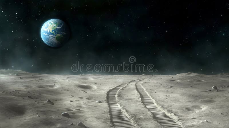 Tracks Left by a Rover on the Moon S Surface with Earth Visible in the ...