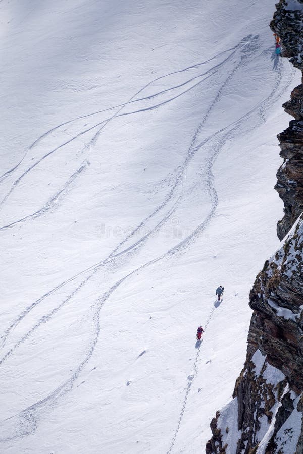 Tracks on a Mountain Slope, Freeride in Deep Snow Stock Photo - Image ...