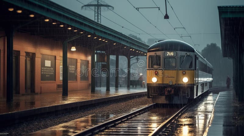 Tracks and Raindrops, a Serene Scene at the Train Station. Generative ...