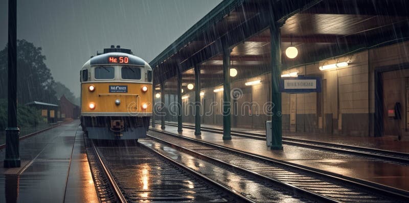 Tracks and Raindrops, a Serene Scene at the Train Station. Generative ...
