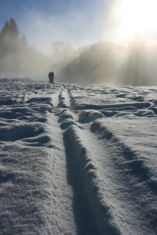 Tracks on the Snow Emerging from Fog Stock Image - Image of shadow ...