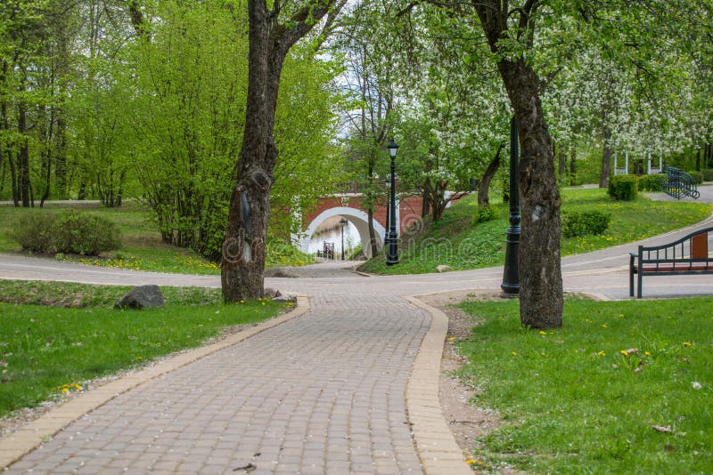 Tracks in Spring Park Landscape Against Blue Sky Stock Image - Image of ...
