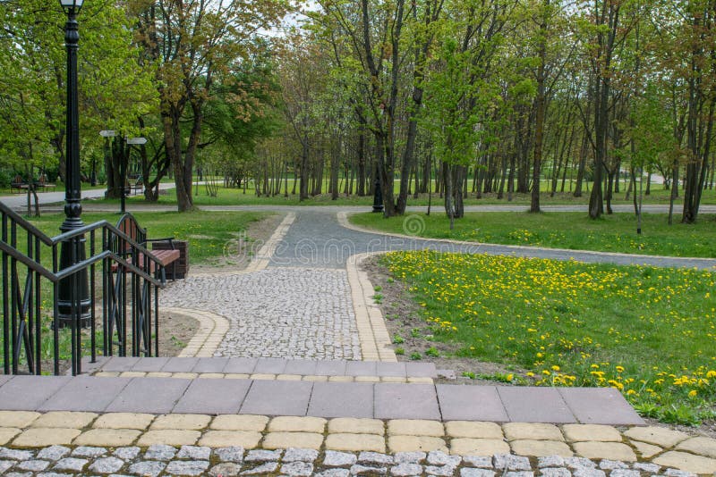 Tracks in Spring Park Landscape Against Blue Sky Stock Image - Image of ...