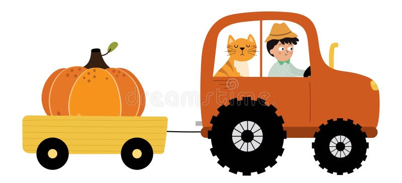Cute Boy Farmer Driving a Tractor with a Cat. Farm Transport Carrying a ...