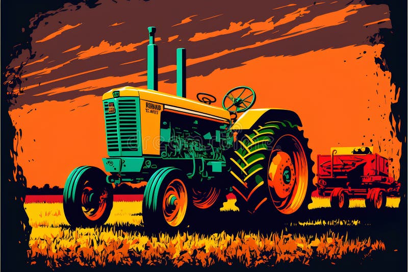 Tractor on the Background of the Sunset. Vector Illustration in Retro ...