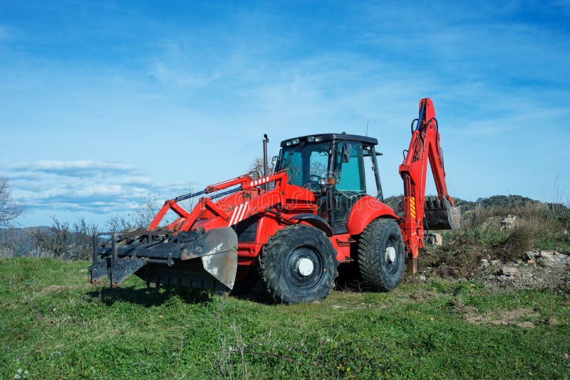Tractor with Backhoe in Action Stock Image - Image of agraria, action ...
