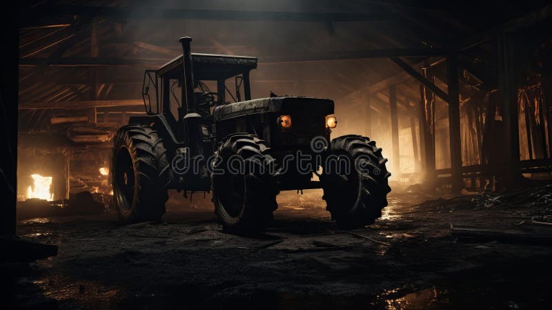 Post-apocalyptic Tractor in Barn: Dark and Hazy 8k Resolution Image ...