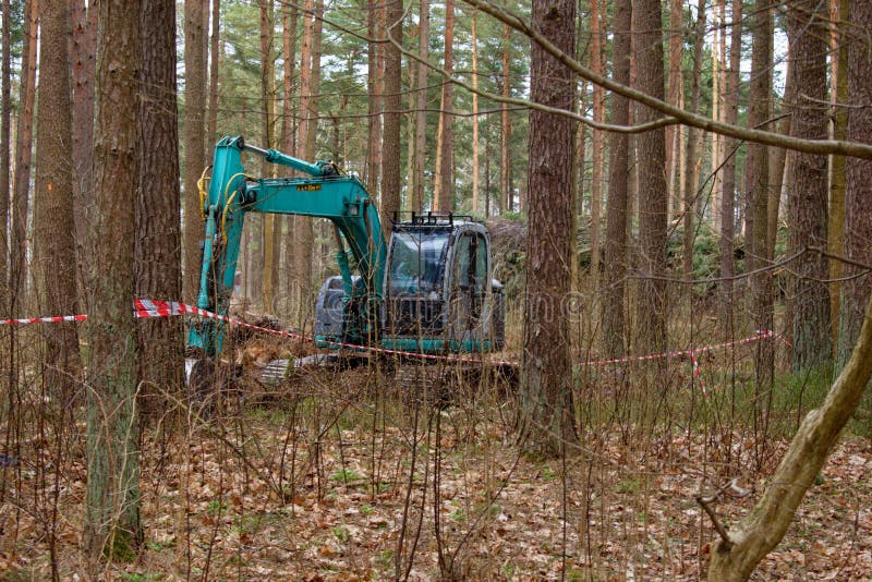 Tractor with a Bucket in the Forest. the Concept of Cutting Down Trees ...