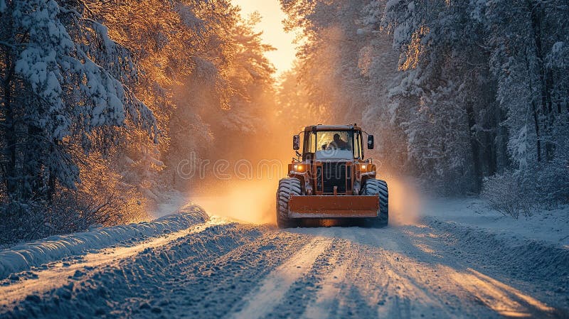 Tractor Clearing Snow from a Forest Road at Sunset Stock Illustration ...