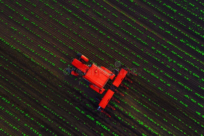 Tractor Cultivating Field at Spring, Aerial View Stock Image - Image of ...